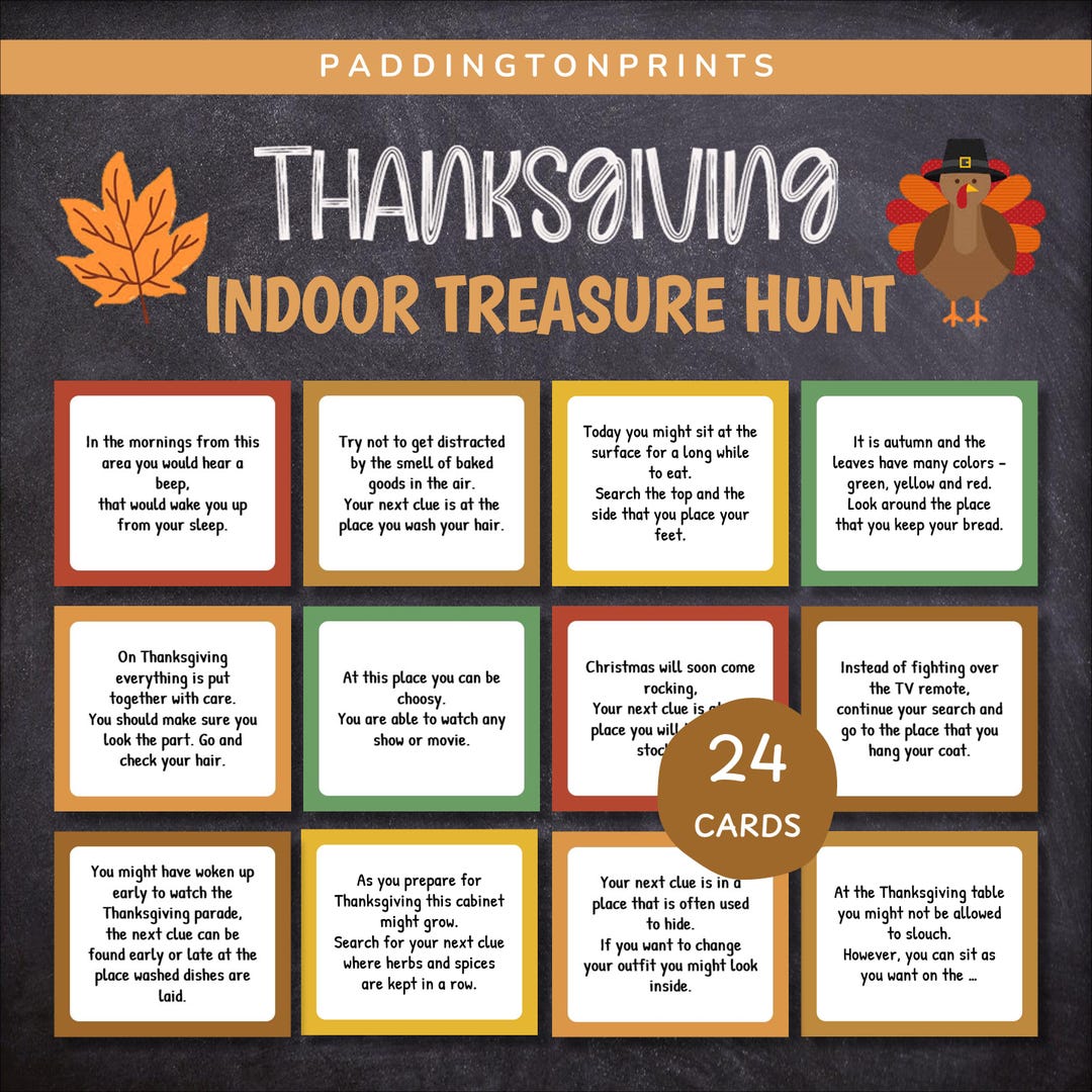 Thanksgiving Treasure Hunt Game | Indoor Thanksgiving Hunt Clues ...