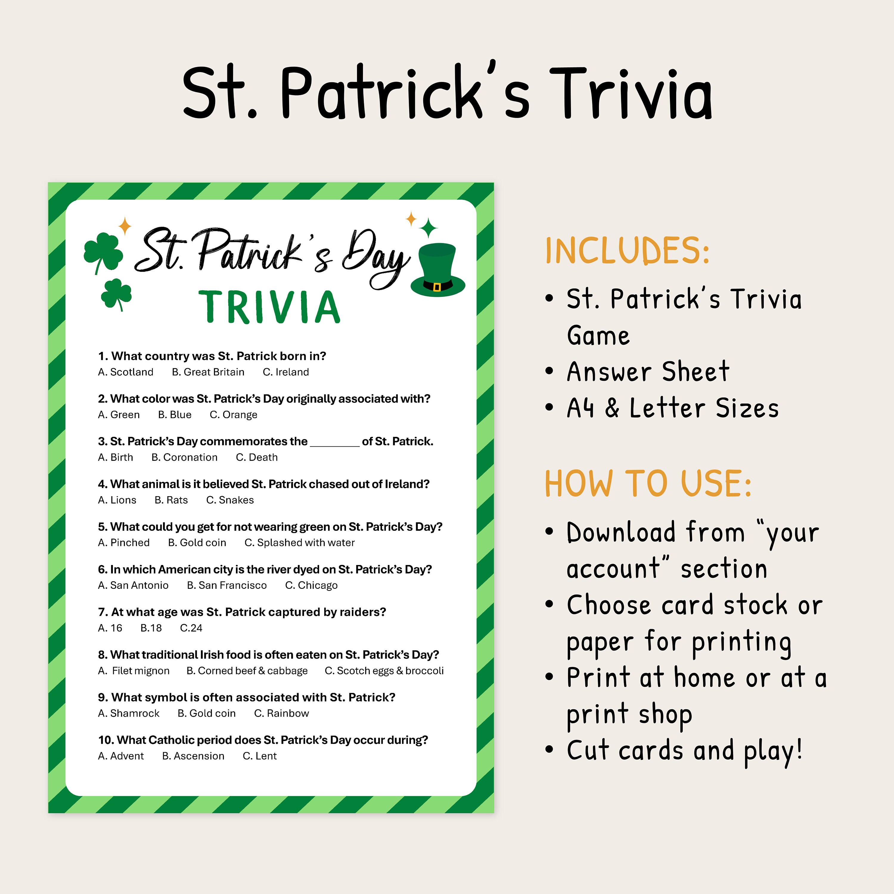 St. Patrick's Day Trivia Game | Printable St. Patrick's Day Game | St ...