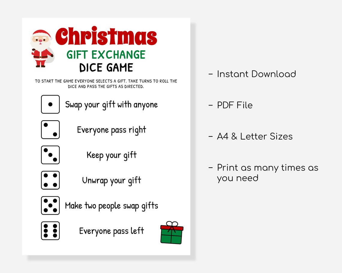 Christmas Gift Exchange Dice Game | Printable Christmas Game ...