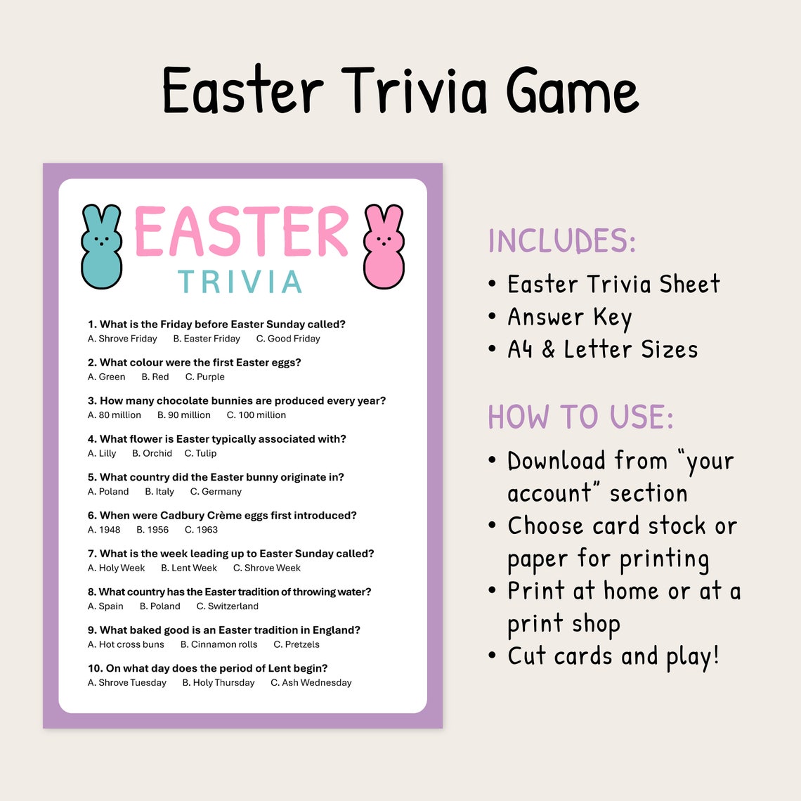 Easter Game Trivia | Printable Easter Game | Easter Quiz | Easter Game ...