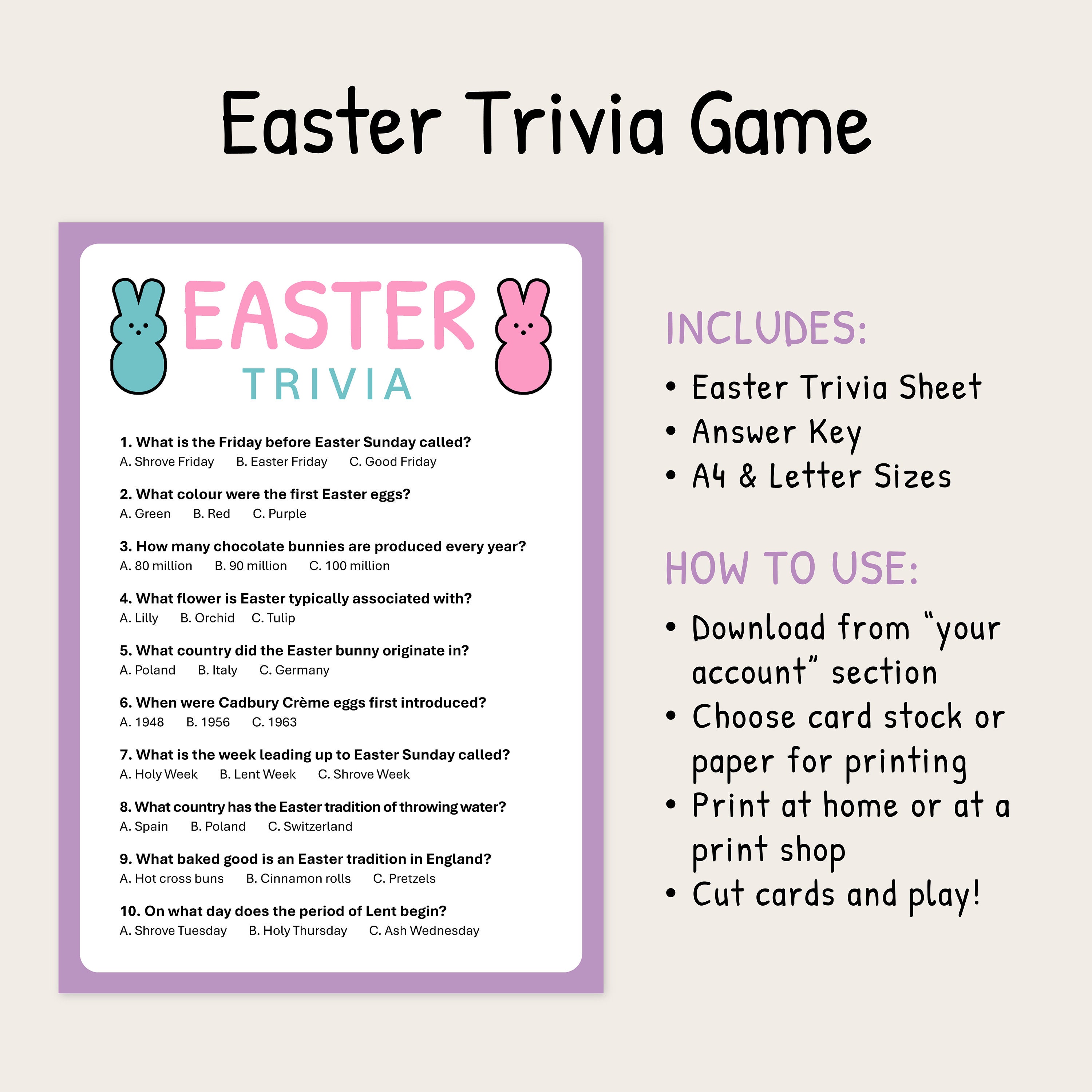 Easter Game Trivia | Printable Easter Game | Easter Quiz | Easter Game ...