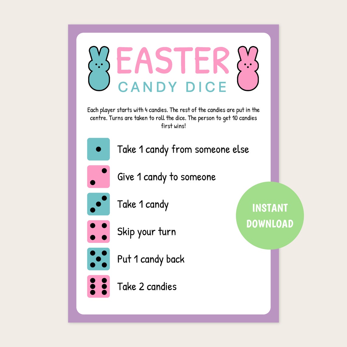 Easter Candy Dice Game | Printable Easter Game | Easter Dice Game ...