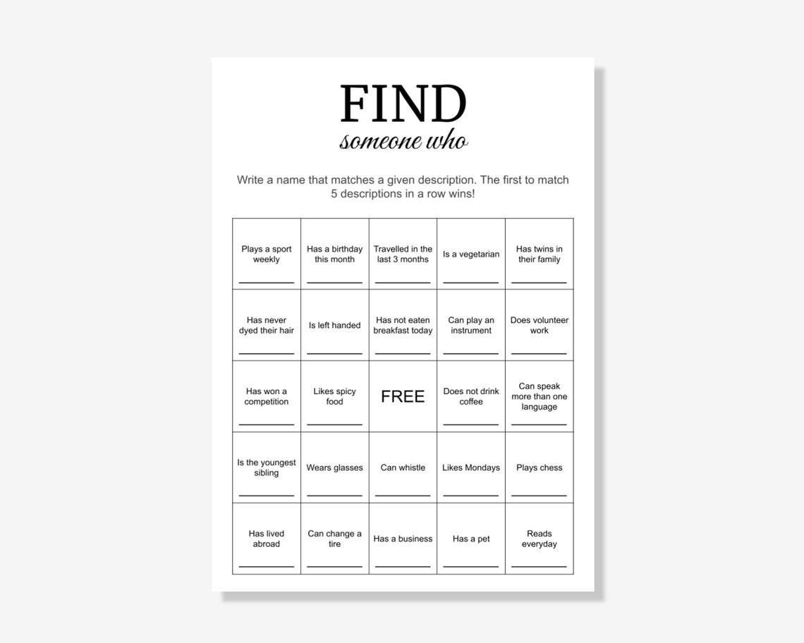 Find Someone Who Game | Printable Find Someone Who Bingo Game ...