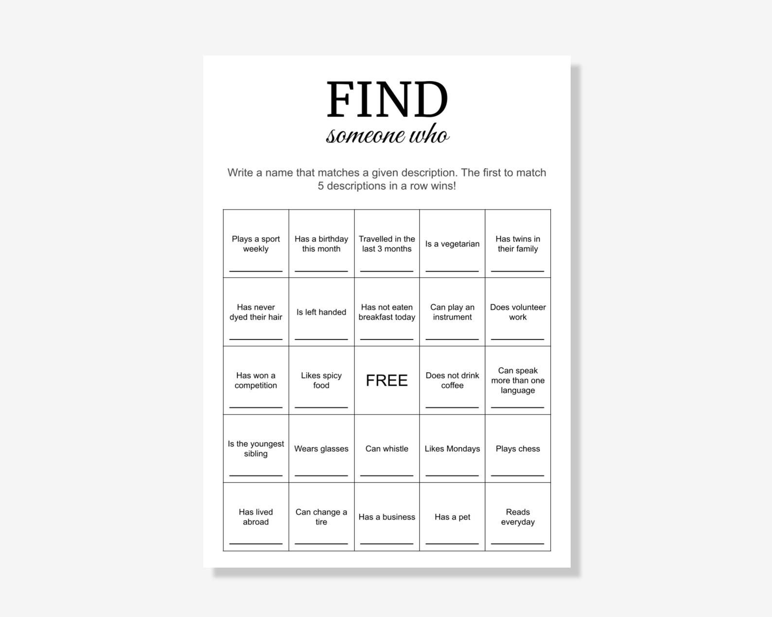 Find Someone Who Game | Printable Find Someone Who Bingo Game ...