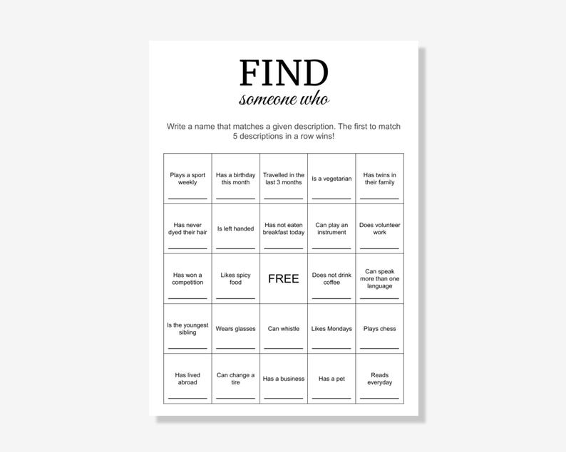 Find Someone Who Game | Printable Find Someone Who Bingo Game ...