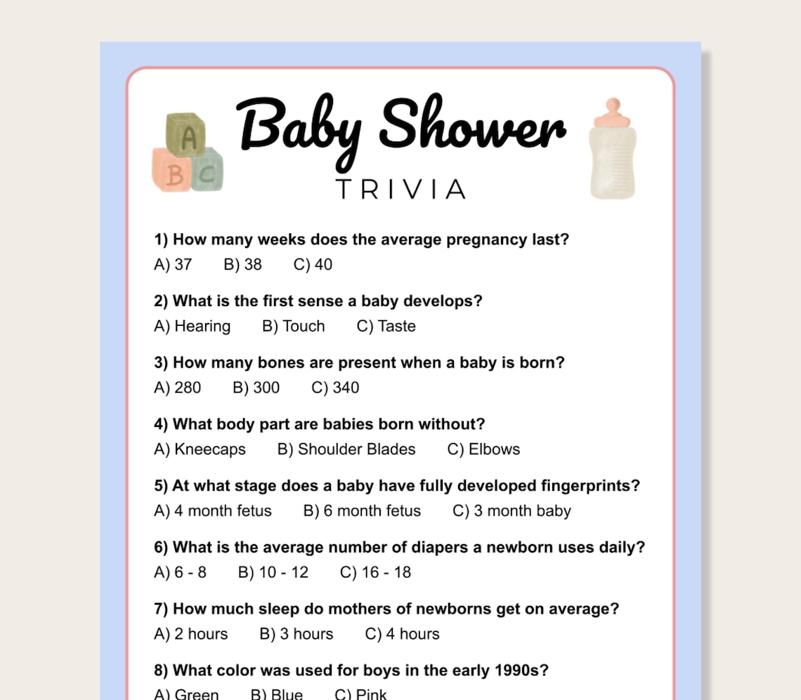 Baby Shower Trivia Game Printable Baby Trivia Game Baby Shower Games ...