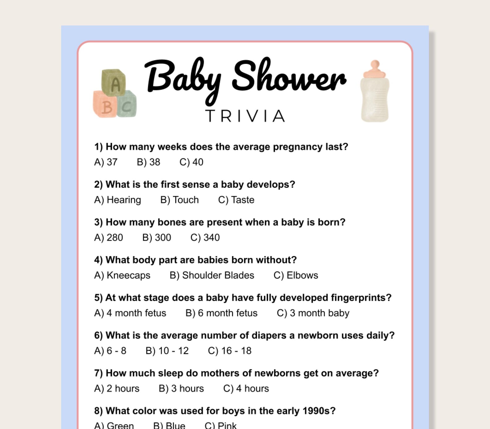 Baby Shower Trivia Game Printable Baby Trivia Game Baby Shower Games ...