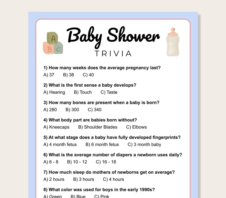 Baby Shower Trivia Game Printable Baby Trivia Game Baby Shower Games ...