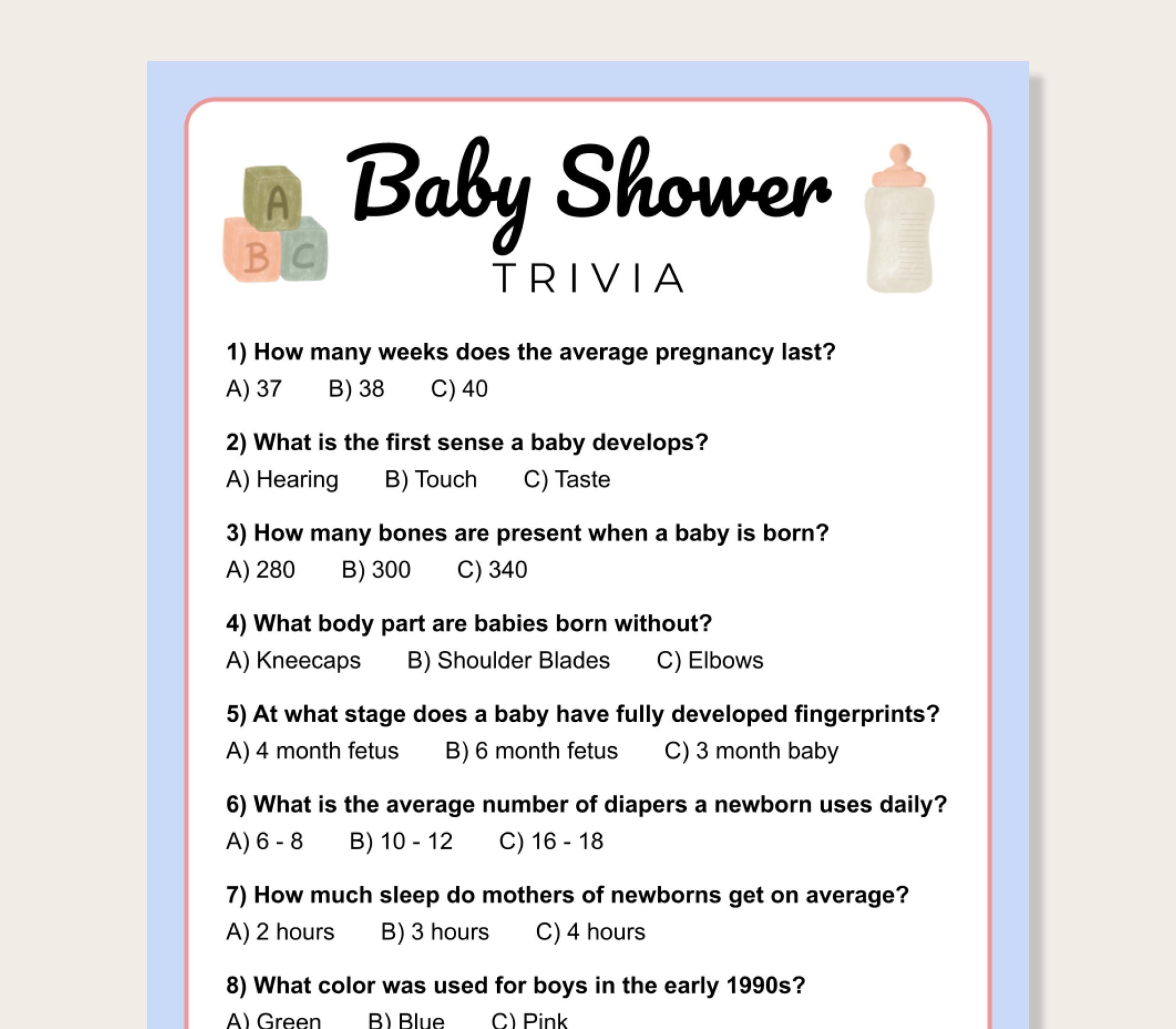 Baby Shower Trivia Game Printable Baby Trivia Game Baby Shower Games ...