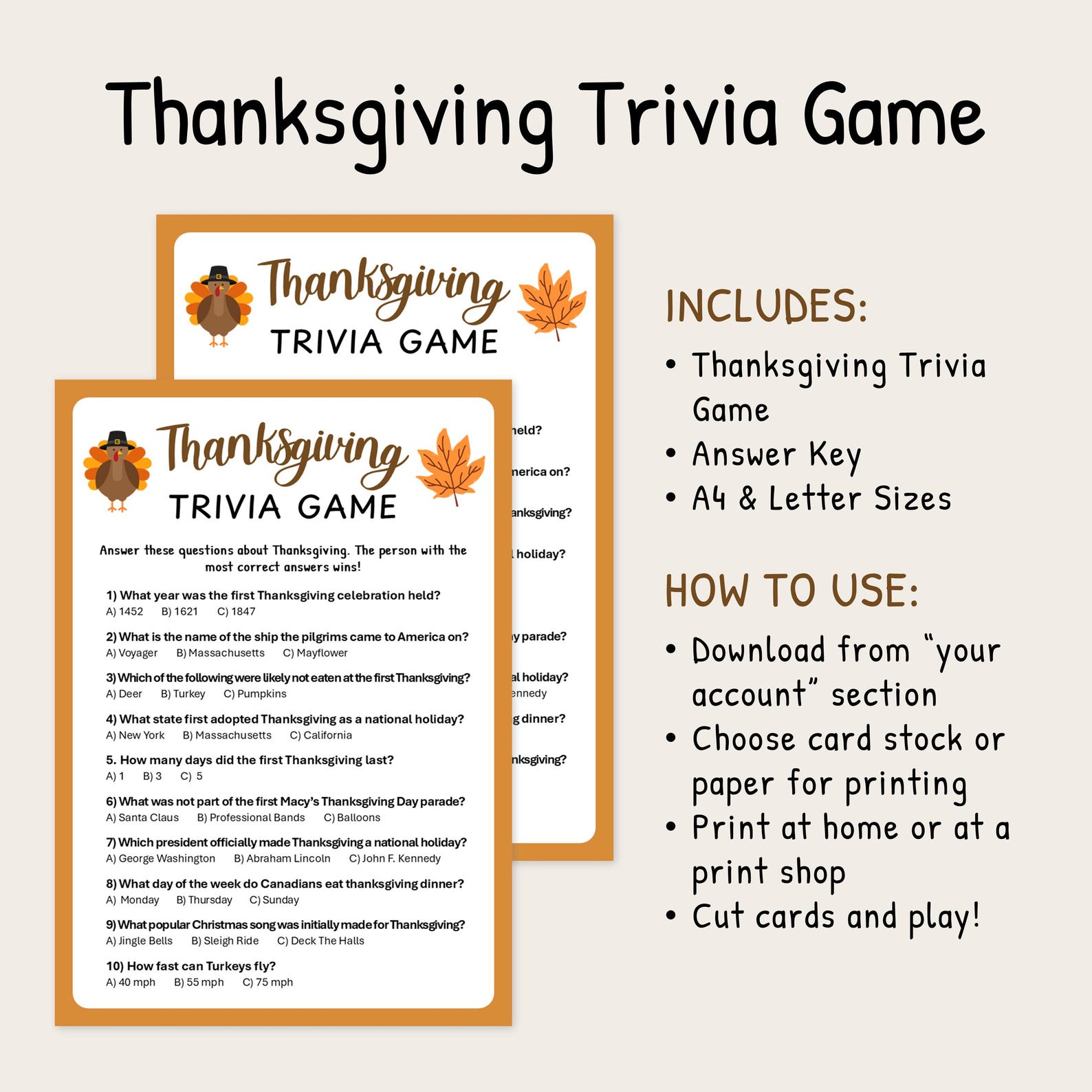 Thanksgiving Trivia Game | Gift Swap Game | Printable Thanksgiving ...