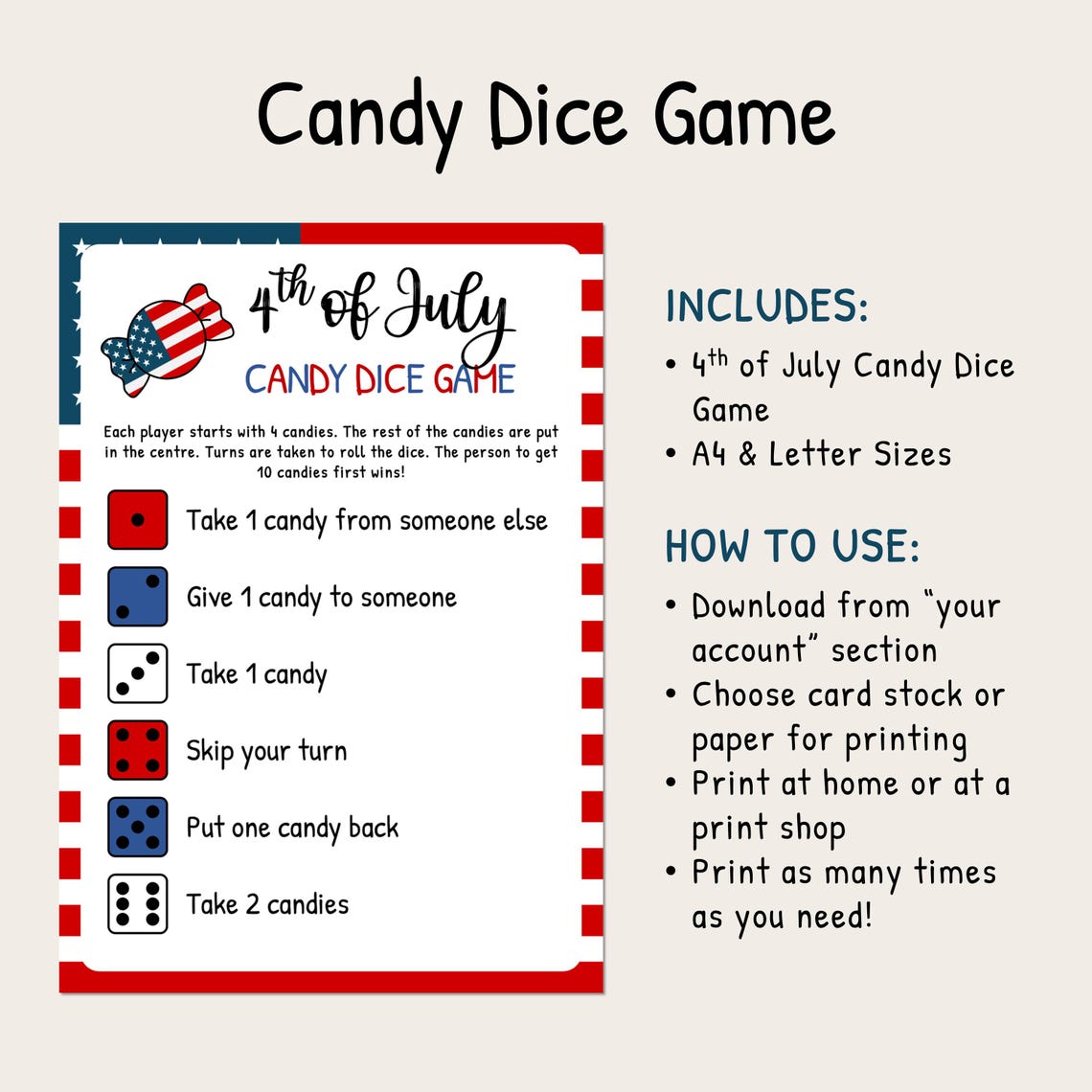 4th of July Candy Dice Game | Printable 4th July Game | Independence ...