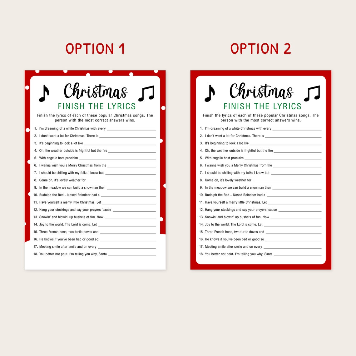 Christmas Finish the Lyrics Game | Printable Christmas Game | Finish ...