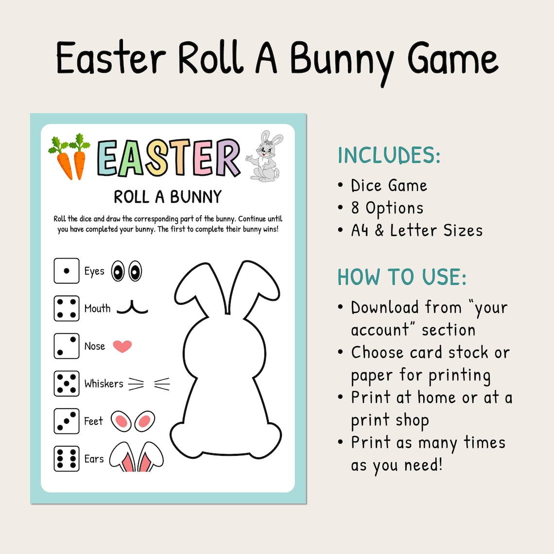 Easter Roll A Rabbit Game | Printable Easter Game | Easter Dice Game ...