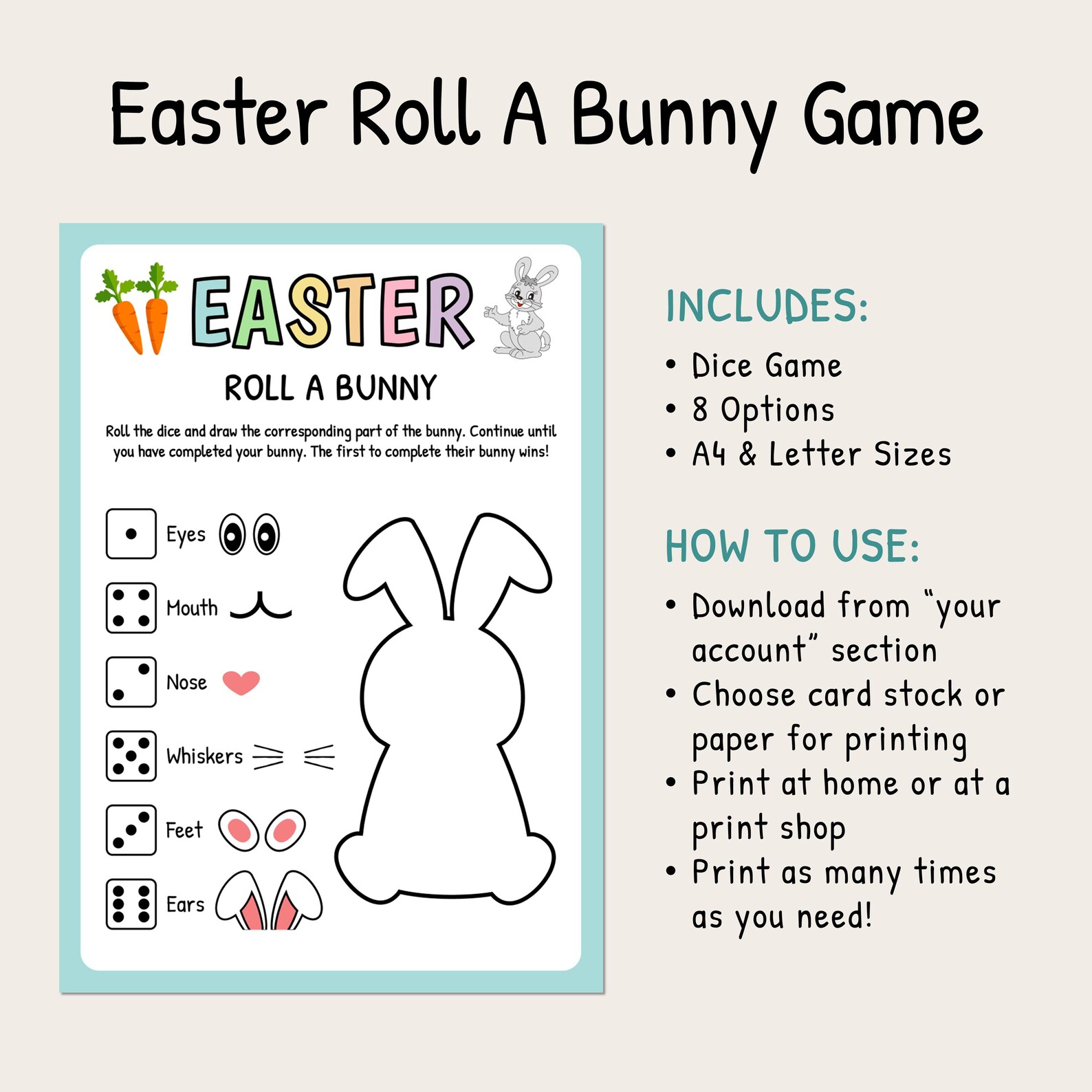 Easter Roll A Rabbit Game | Printable Easter Game | Easter Dice Game ...