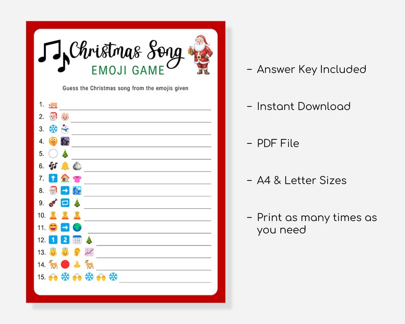 Christmas Emoji Song Game | Printable Christmas Game | Christmas Emoji ...