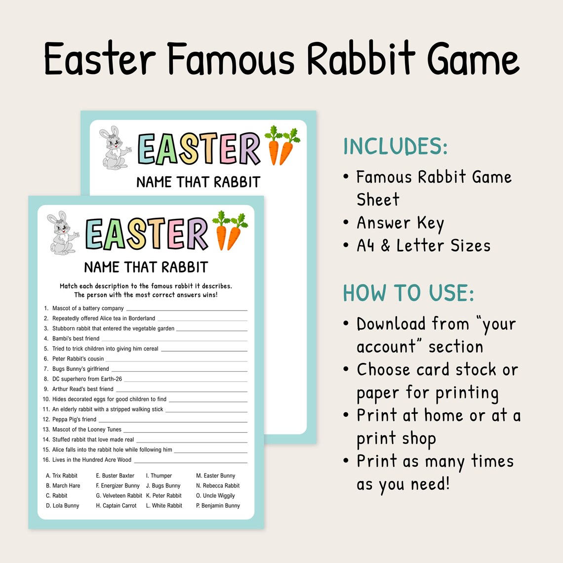 Easter Name That Famous Rabbit Game | Printable Easter Game | Easter ...