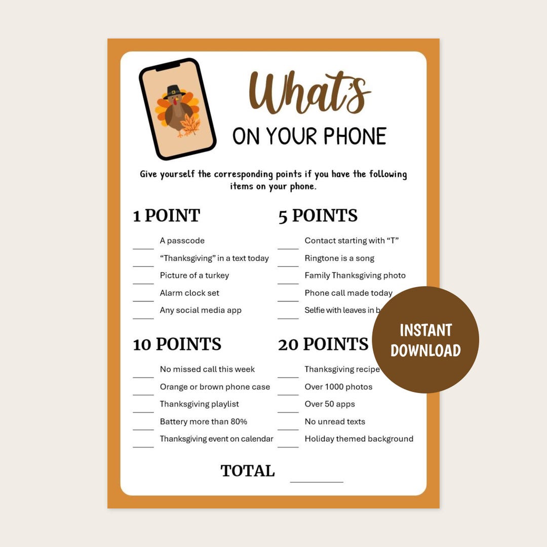 Thanksgiving What's on Your Phone Game | Printable Thanksgiving Phone ...