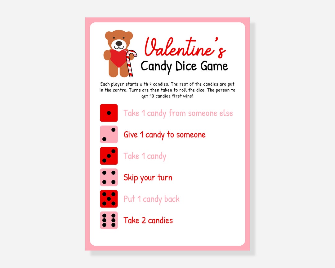 Valentines Candy Dice Game Printable Valentines Game Valentine Candy ...