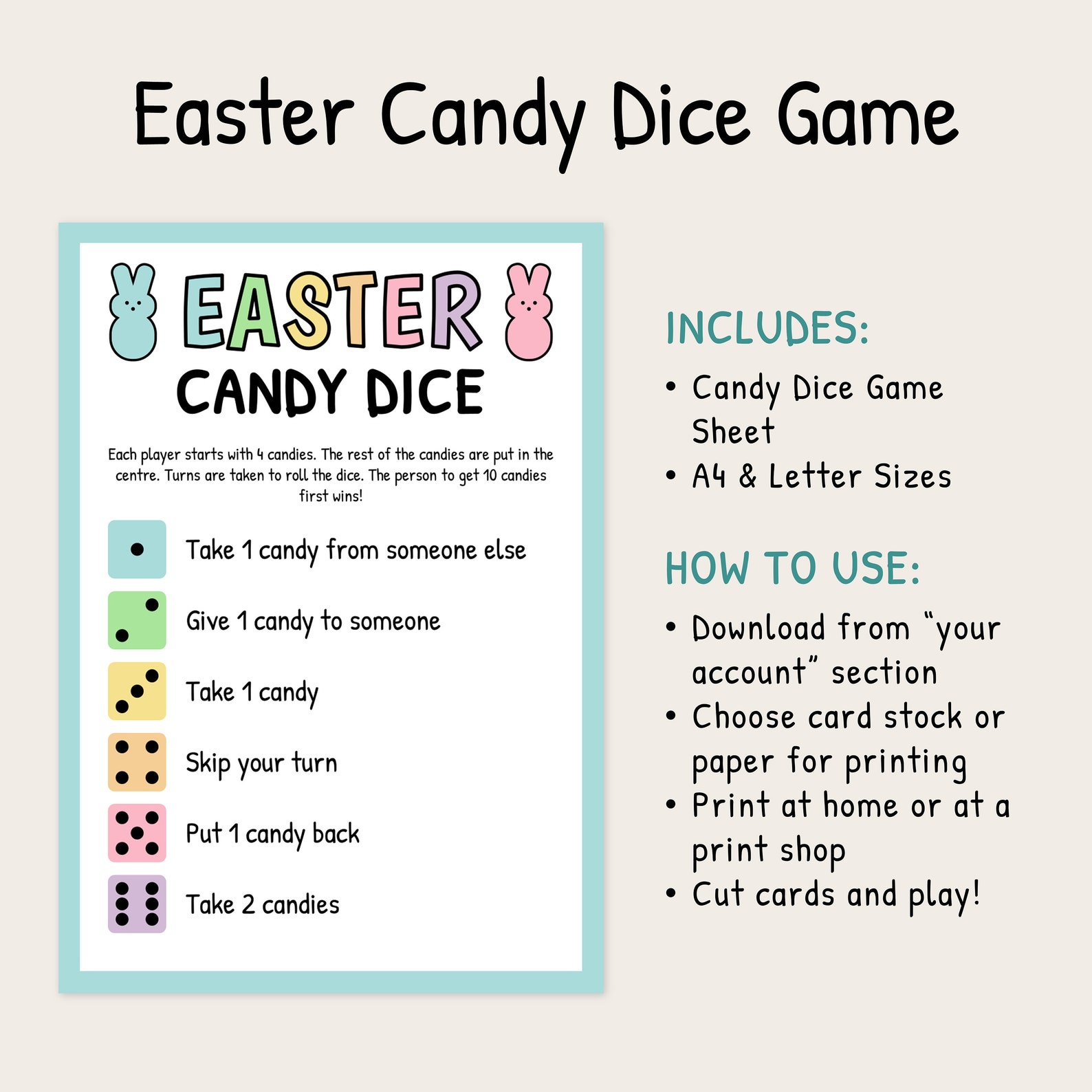 Easter Candy Dice Game Easter Candy Game Printable Easter Game Easter ...