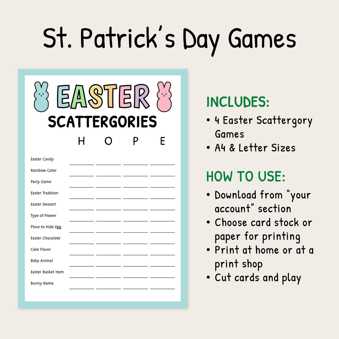 Easter Scattergories Game Bundle | Easter Party Games | Printable Games ...