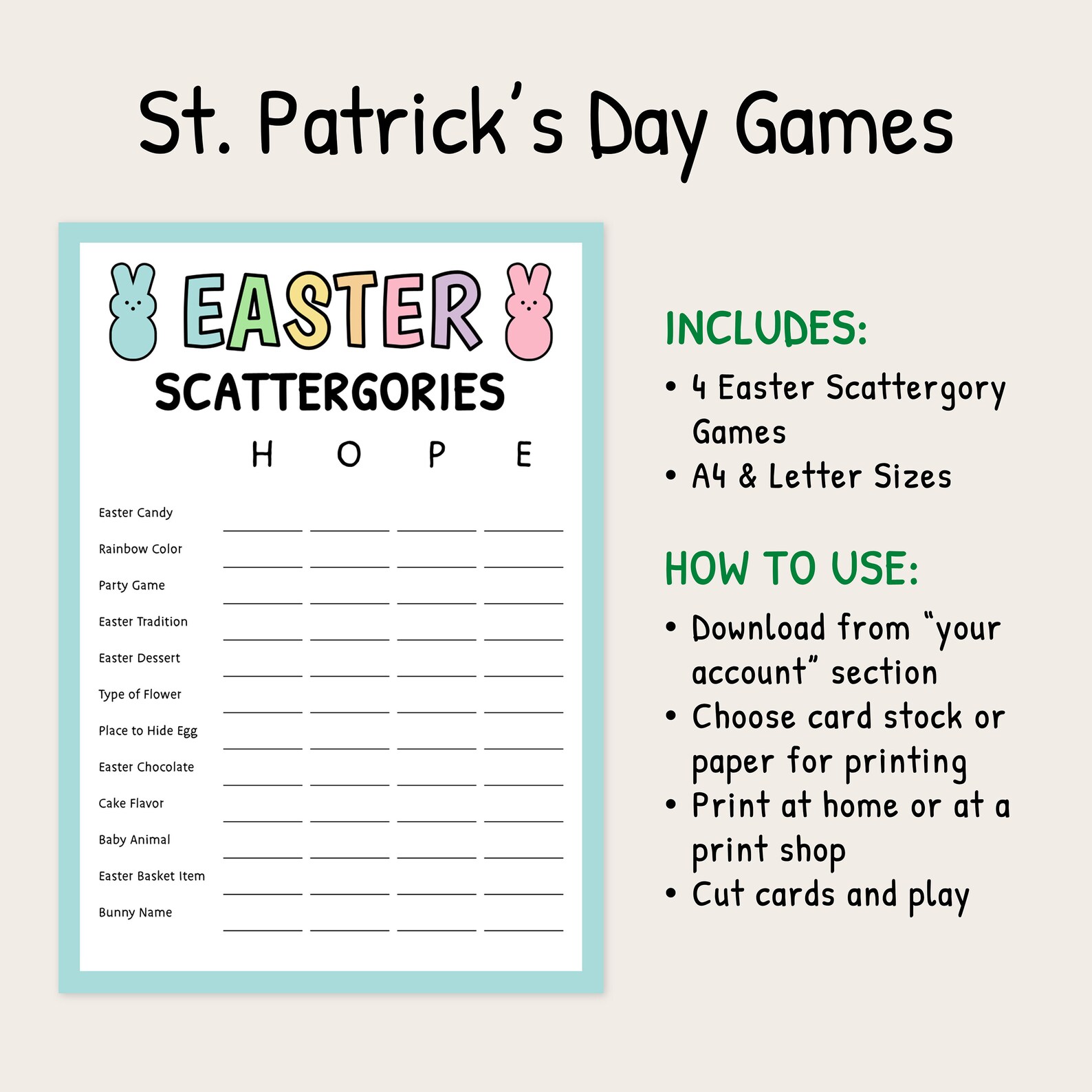 Easter Scattergories Game Bundle | Easter Party Games | Printable Games ...