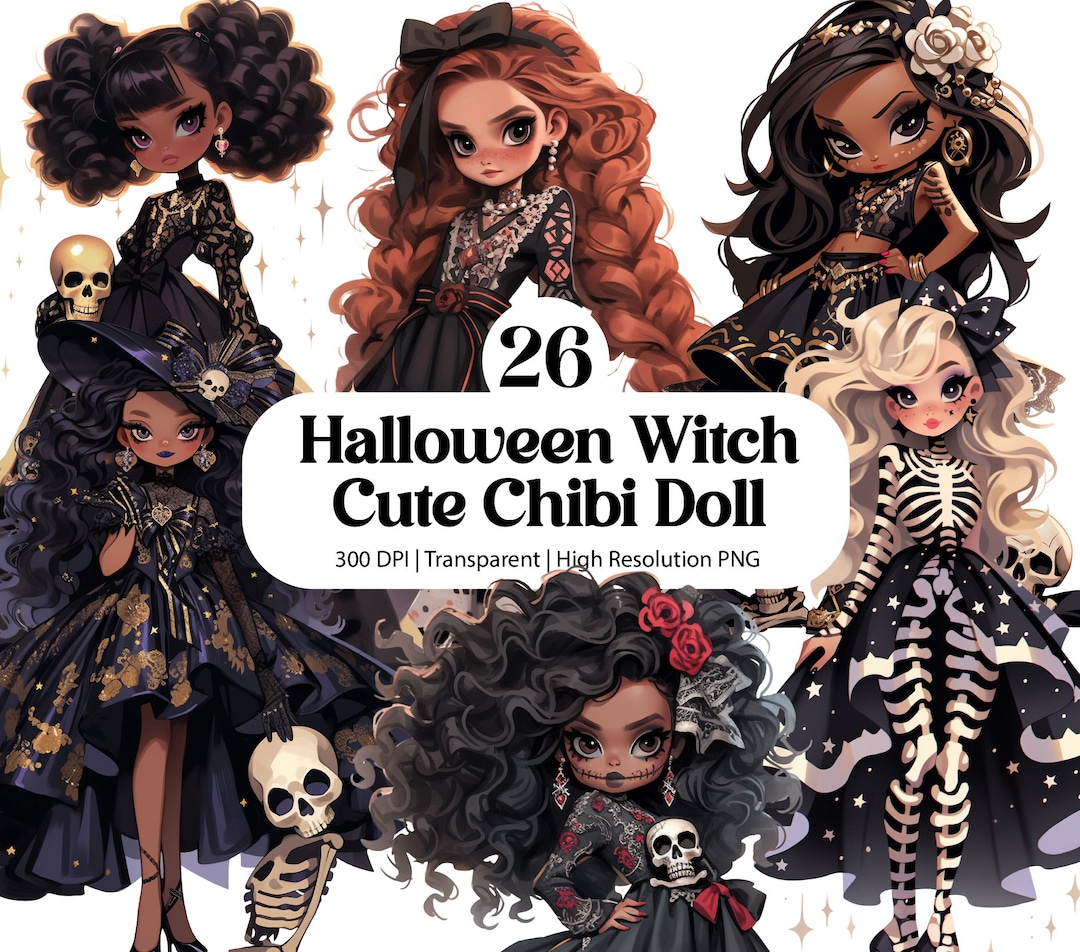 Halloween Witch Cute Chibi Clipart, Witch Fashion Outfit PNG, Digital ...