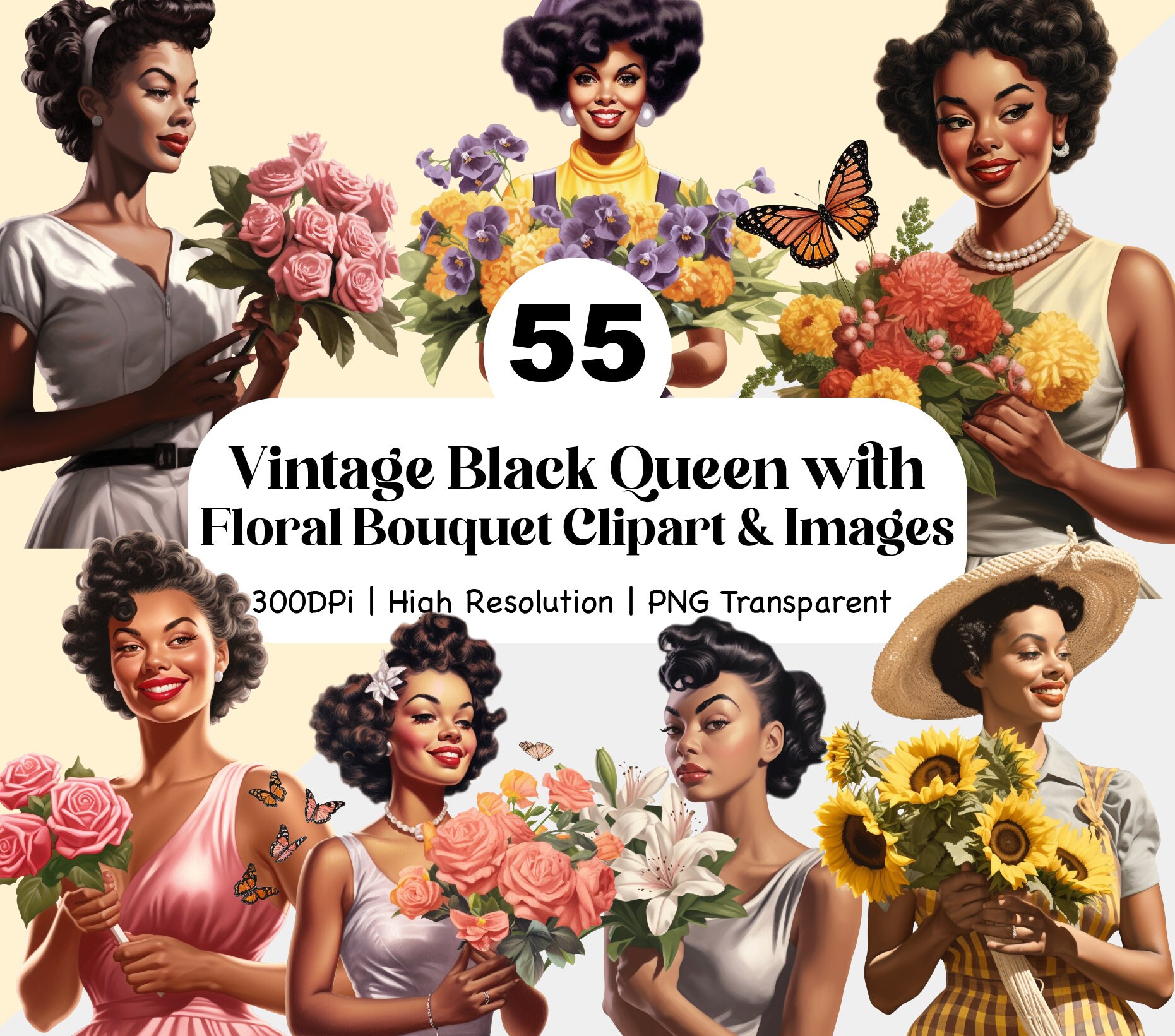 Black Woman Pinup Floral Bouquet Clipart Bundle Retro Vintage African ...
