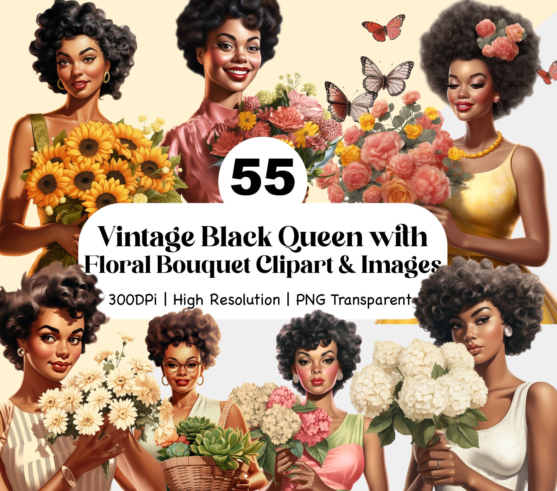 Black Woman Pinup Floral Bouquet Clipart Bundle Retro Vintage African ...