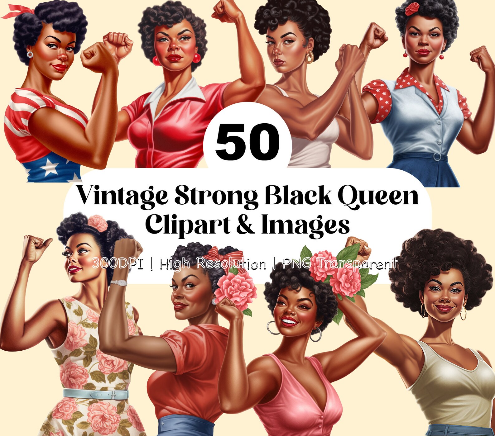 Strong Black Woman Pinup Clipart Bundle Retro Vintage African American ...