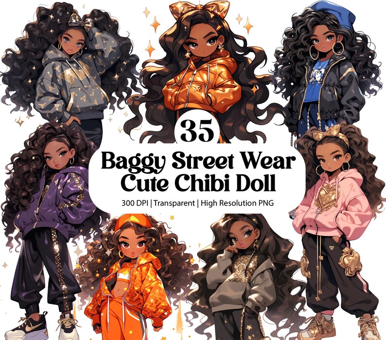 Urban Streetwear Cute Chibi Clipart, Hip Hop Girl Baggy Outfit PNG, Pop ...