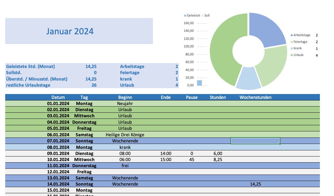 Working Time Recording 2024 Hour Recording With Break Times Holidays ...