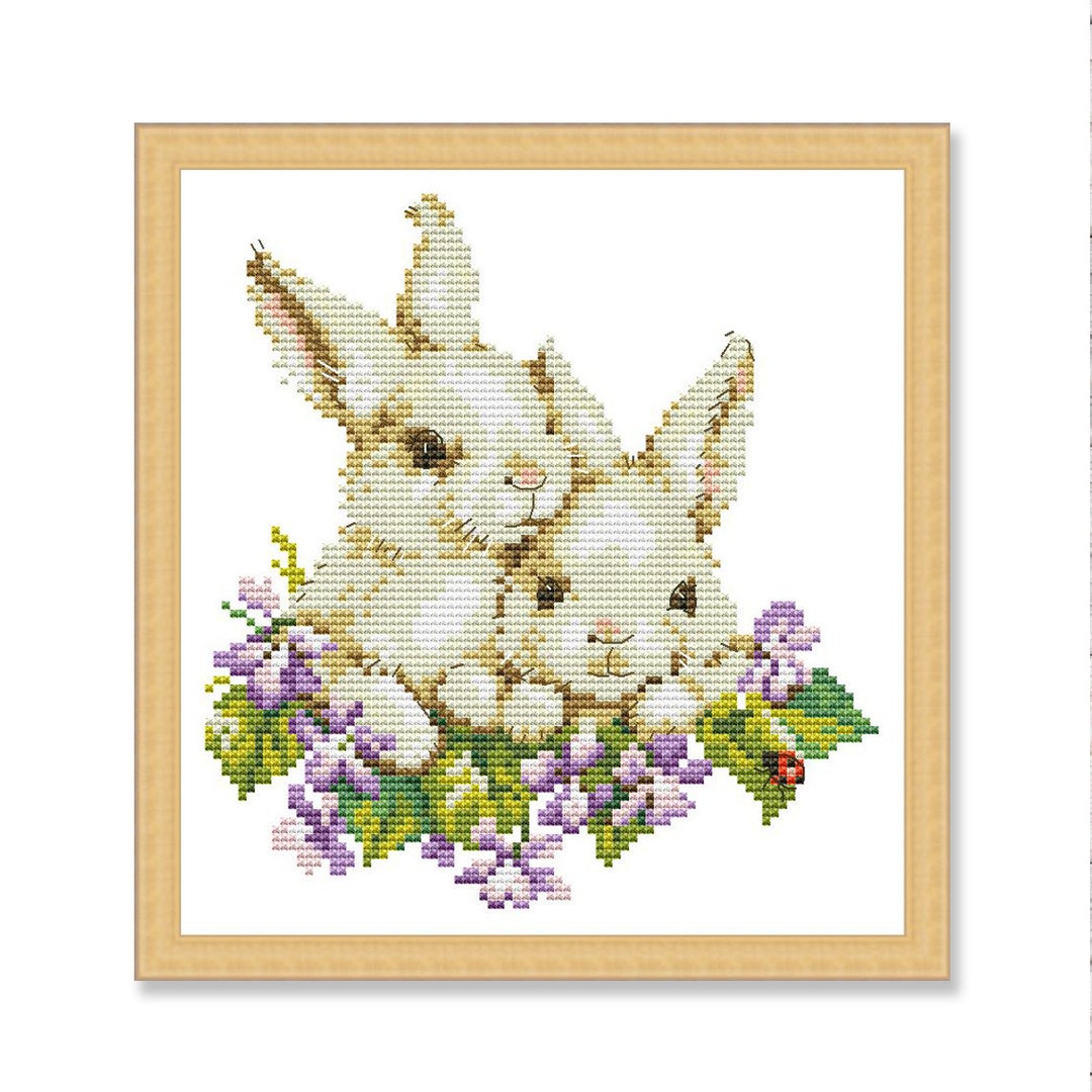 Rabbits, Counted Cross Stitch Pattern, Animal, Spring Flowers, Hand ...