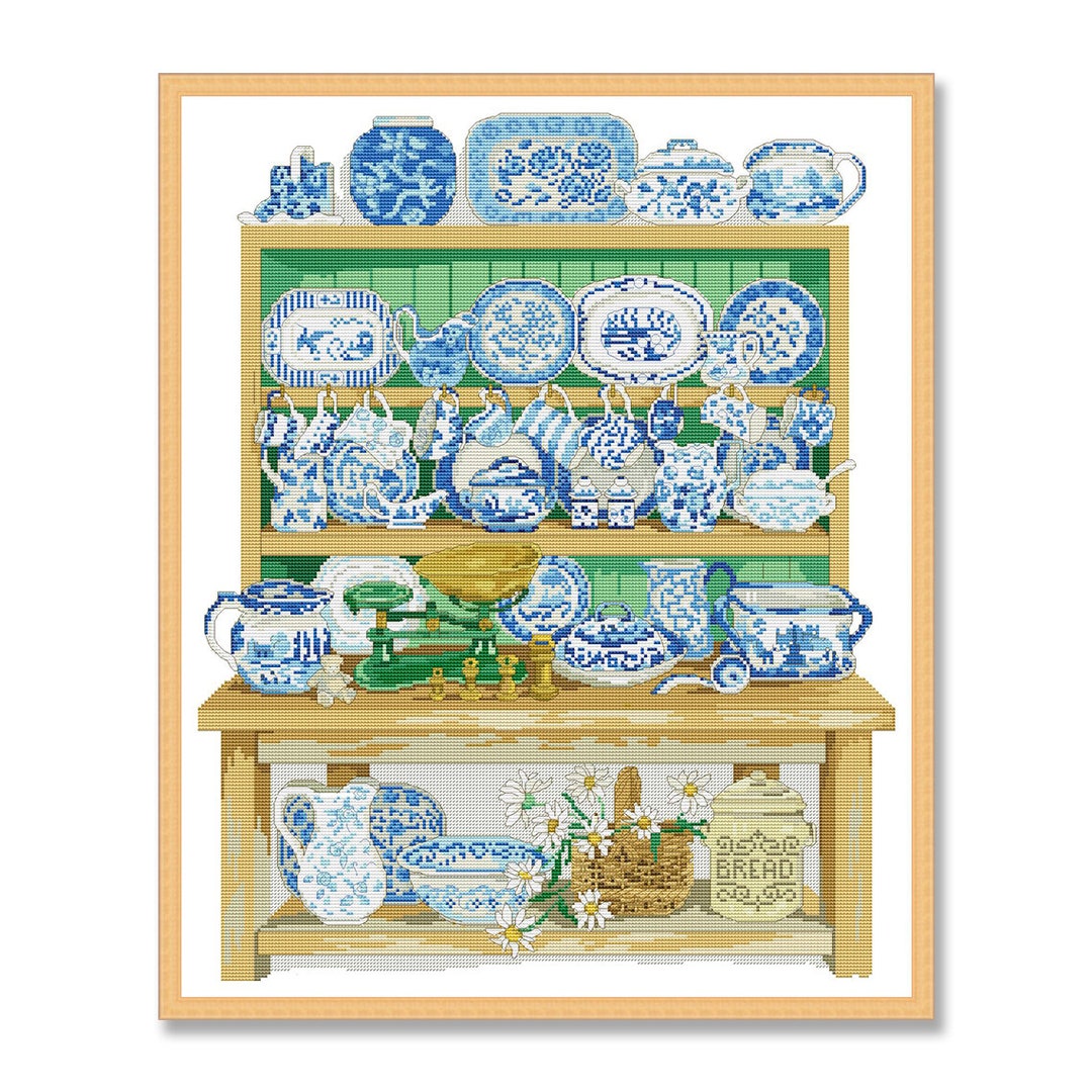 Kitchen Dresser, Counted Cross Stitch Pattern, Kitchen Still Life, Cups ...