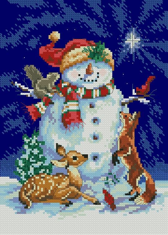 Midnight Snowman, Counted Cross Stitch Pattern, Winter, Santa, Snow ...