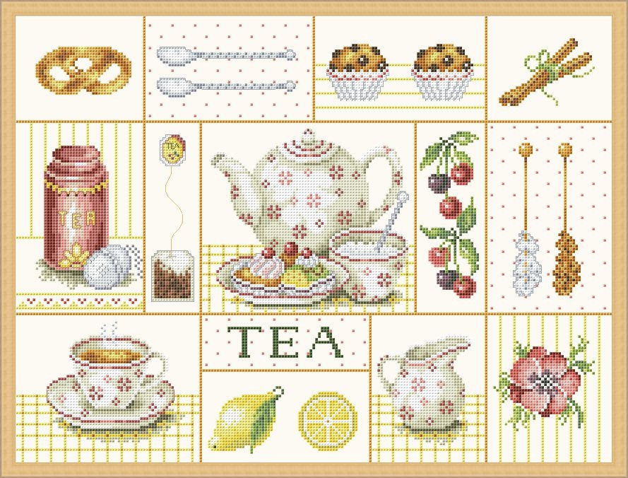 Tea Collage, Counted Cross Stitch Pattern, Kitchen Still Life, Cups ...