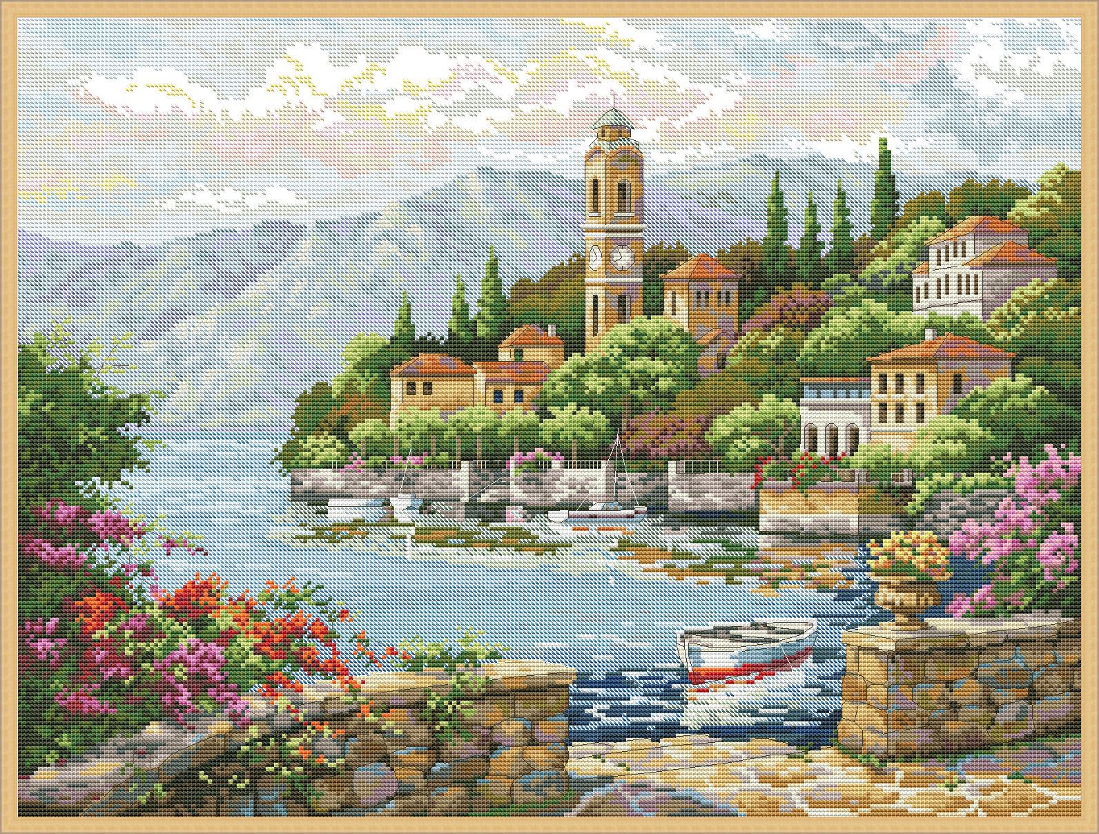Italian Vista, Counted Cross Stitch Pattern, Mountain Lake, Village ...