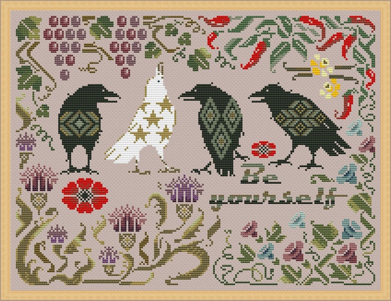 Sampler White Crow, Counted Cross Stitch Pattern, Flowers, Bird ...