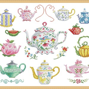 Teapots Collection, Counted Cross Stitch Pattern, Kitchen Still Life ...