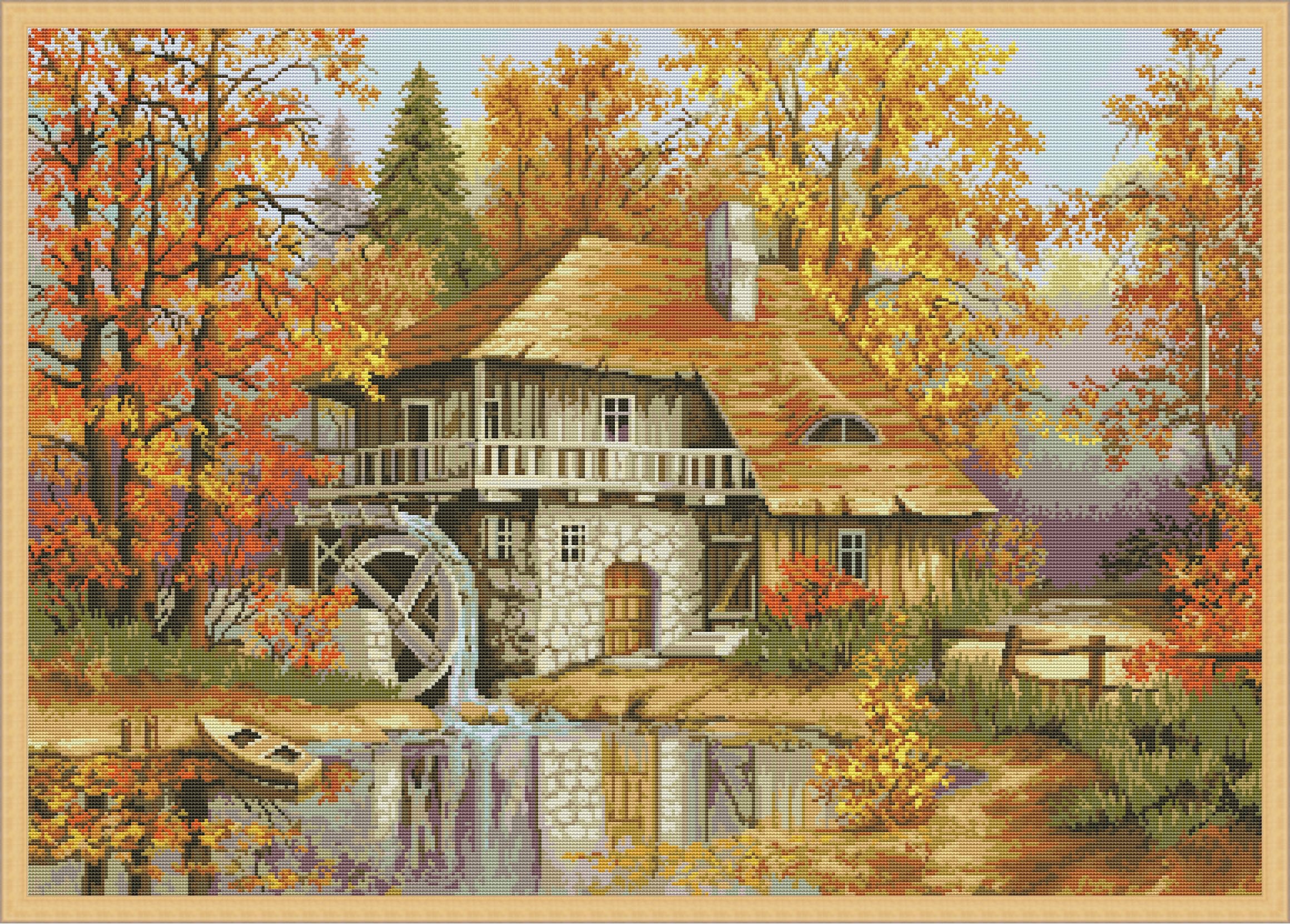 Old Mill, Counted Cross Stitch Pattern, Autumn Landscape Pattern ...