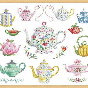 Teapots Collection, Counted Cross Stitch Pattern, Kitchen Still Life ...