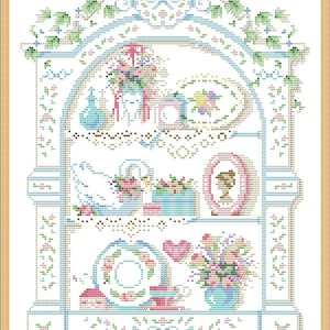 Victorian Shelf, Counted Cross Stitch Pattern, Kitchen Still Life, Cups ...