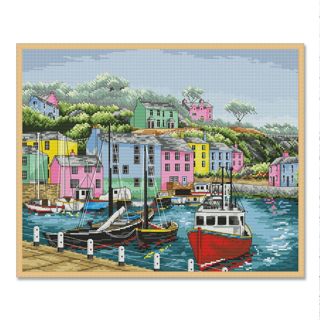 Sailboats, Counted Cross Stitch Pattern, Seaside Town, Embankment, Pier ...