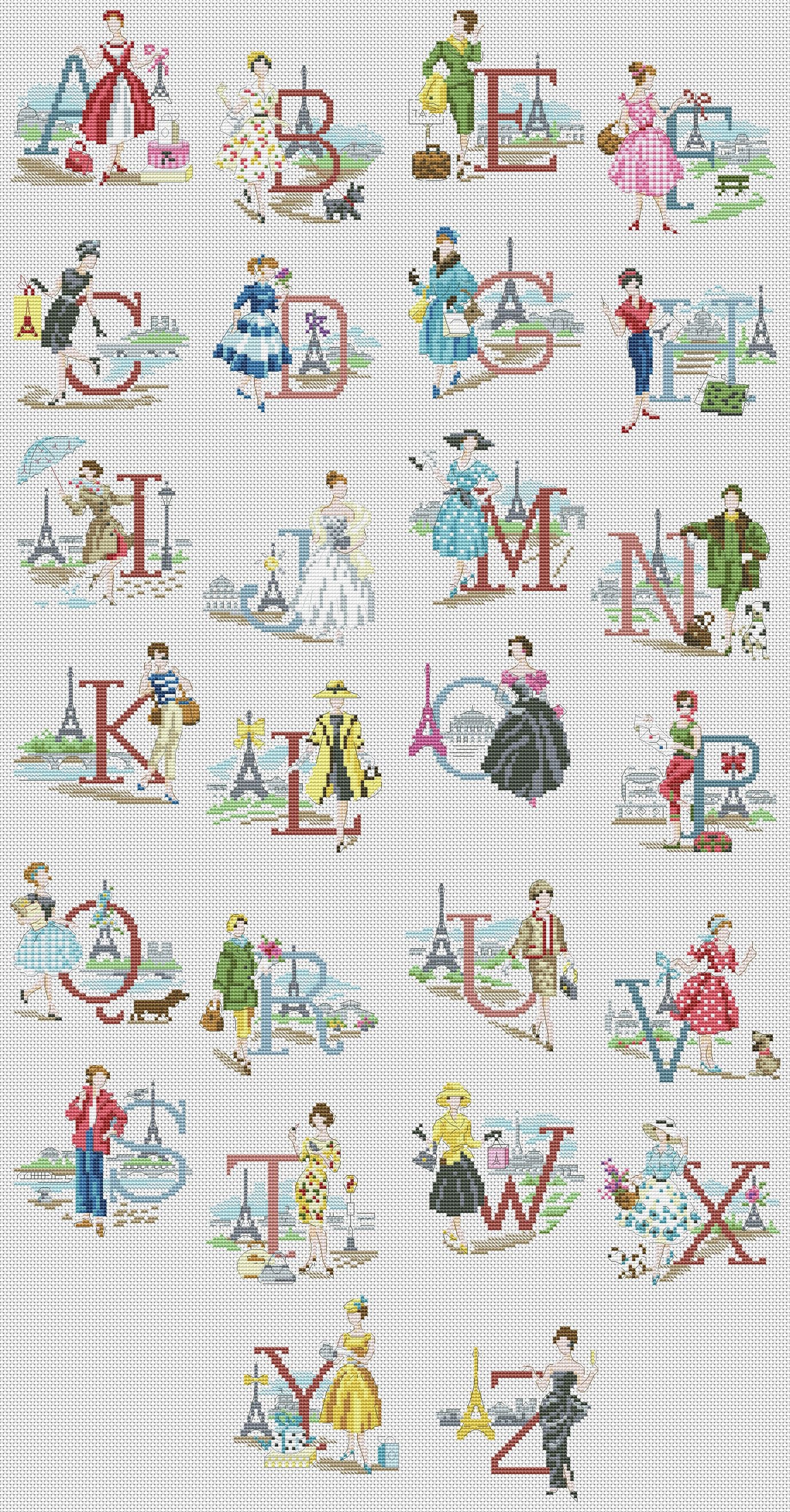 Parisian Female Alphabet, Counted Cross Stitch Pattern, Vintage ...