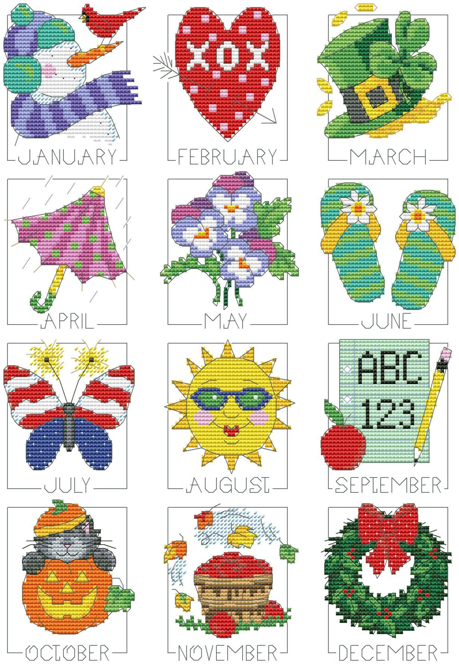 A Year of Events, Counted Cross Stitch Pattern, Sun, Snowman, Flowers ...
