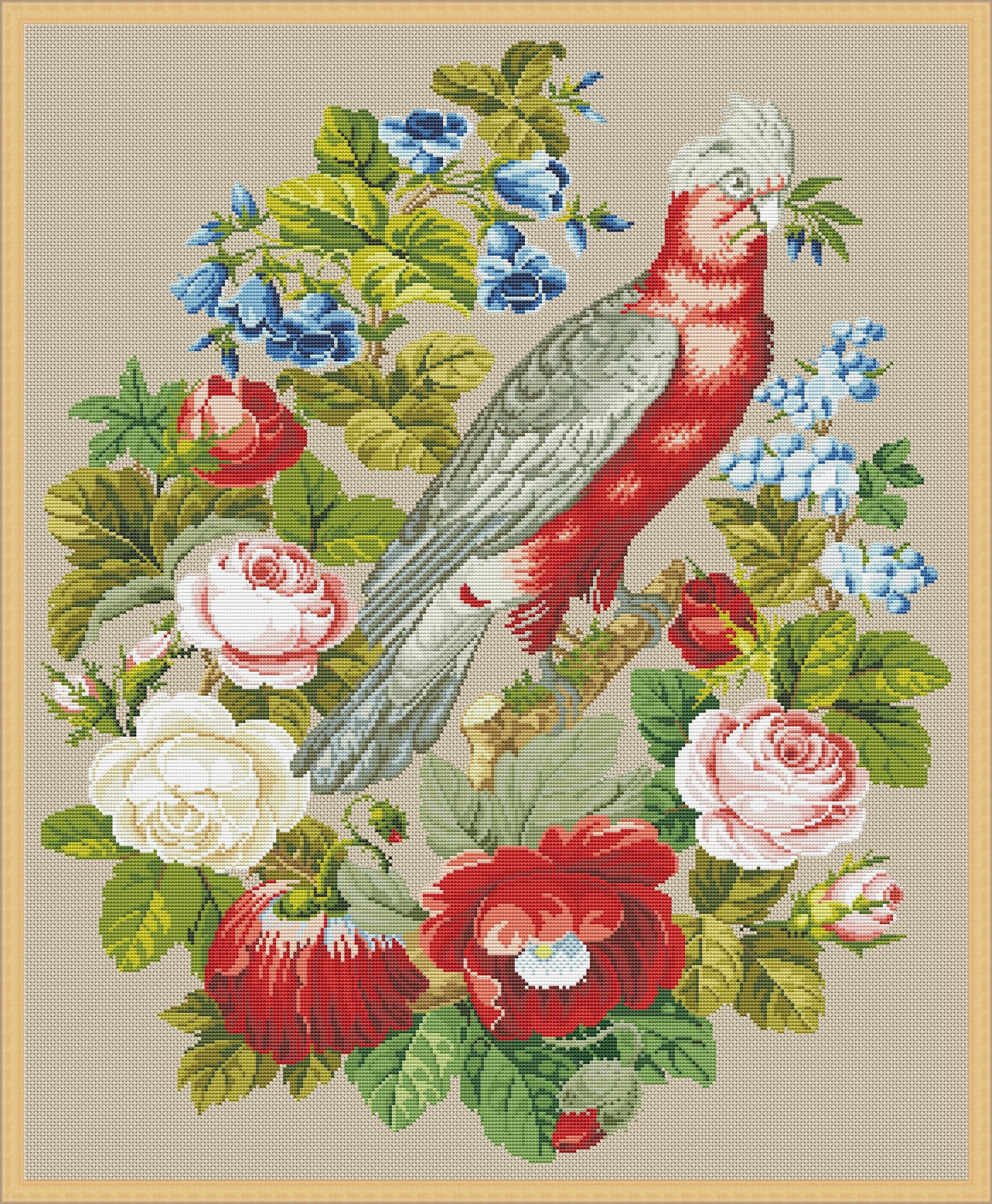 Antique Parrot, Counted Cross Stitch Pattern, Digital Pattern, Floral ...