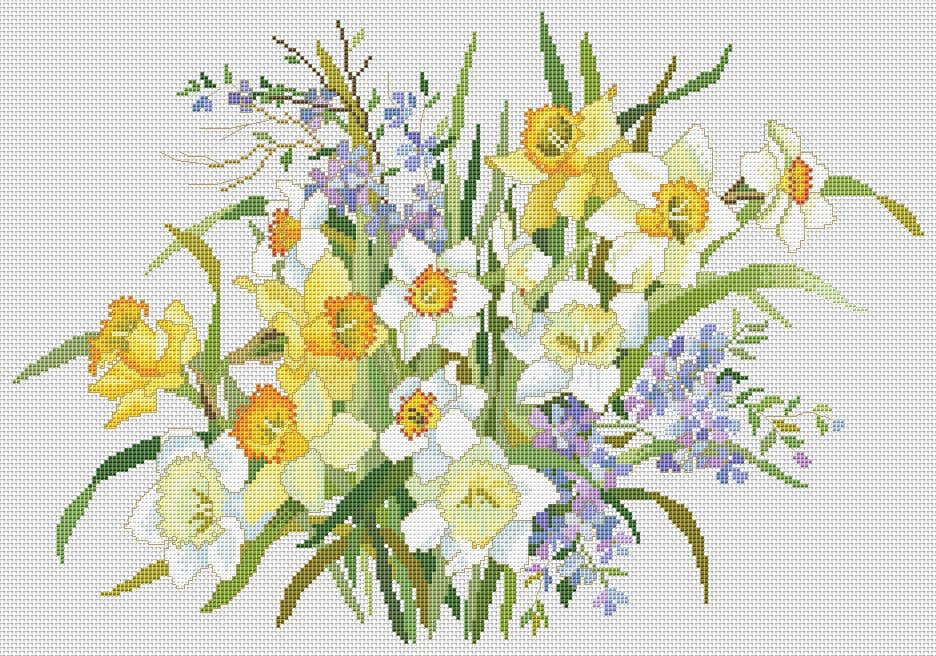 Bouquet of Daffodils, Cross Stitch Pattern, PDF Digital Pattern, Modern Decor, Spring Flowers ...
