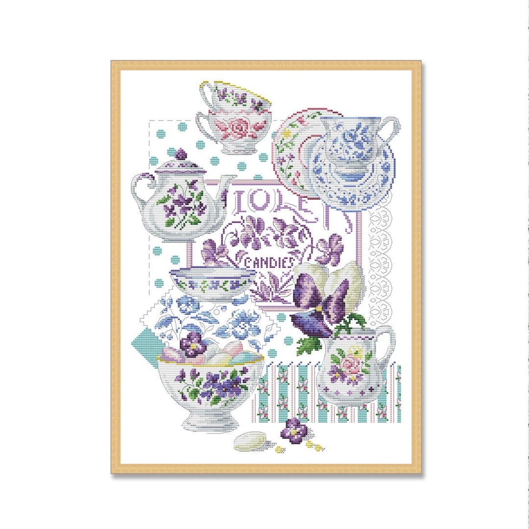 Crockery and Violets, Counted Cross Stitch Pattern, Kitchen Still Life ...