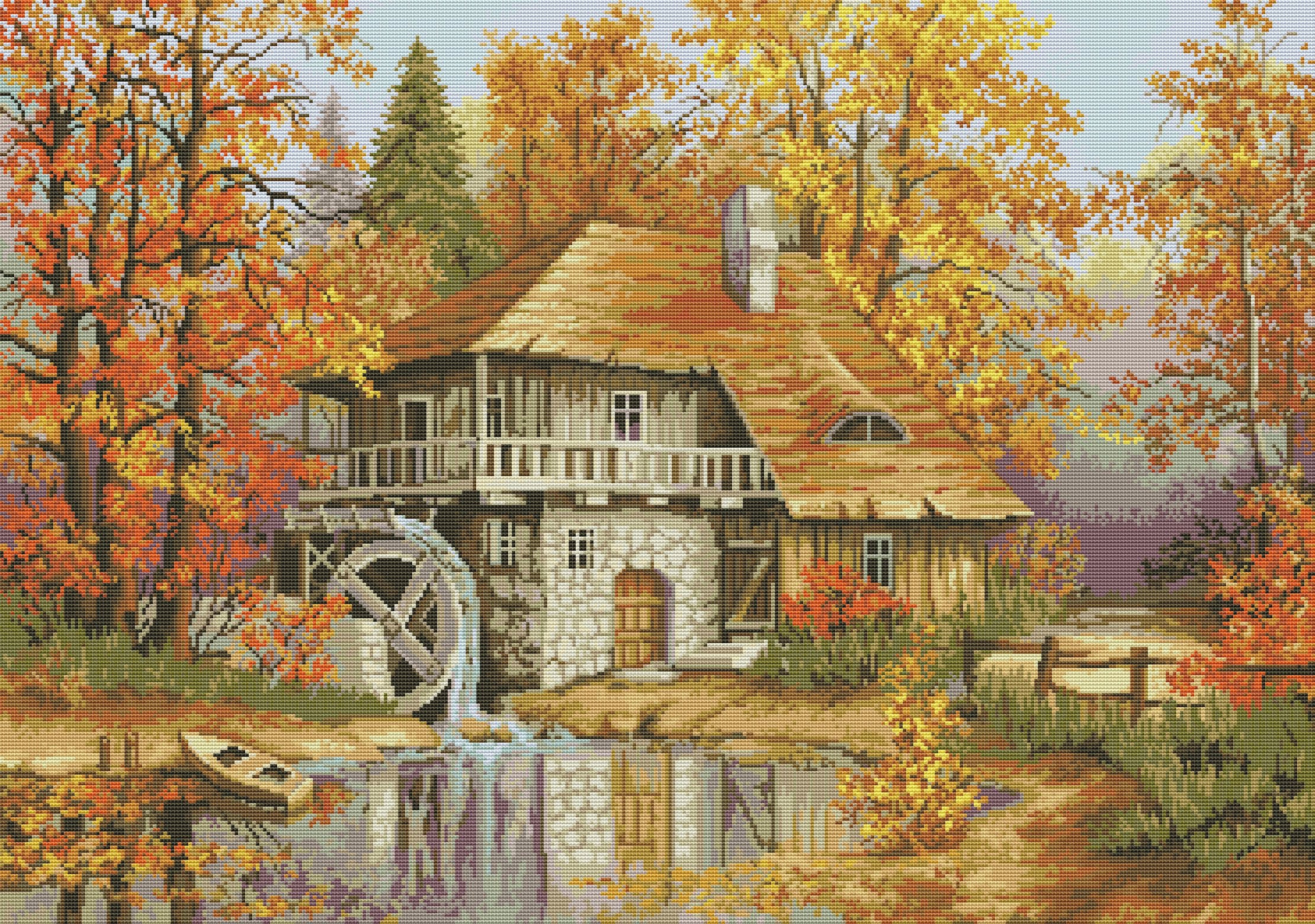 Old Mill, Counted Cross Stitch Pattern, Autumn Landscape Pattern ...