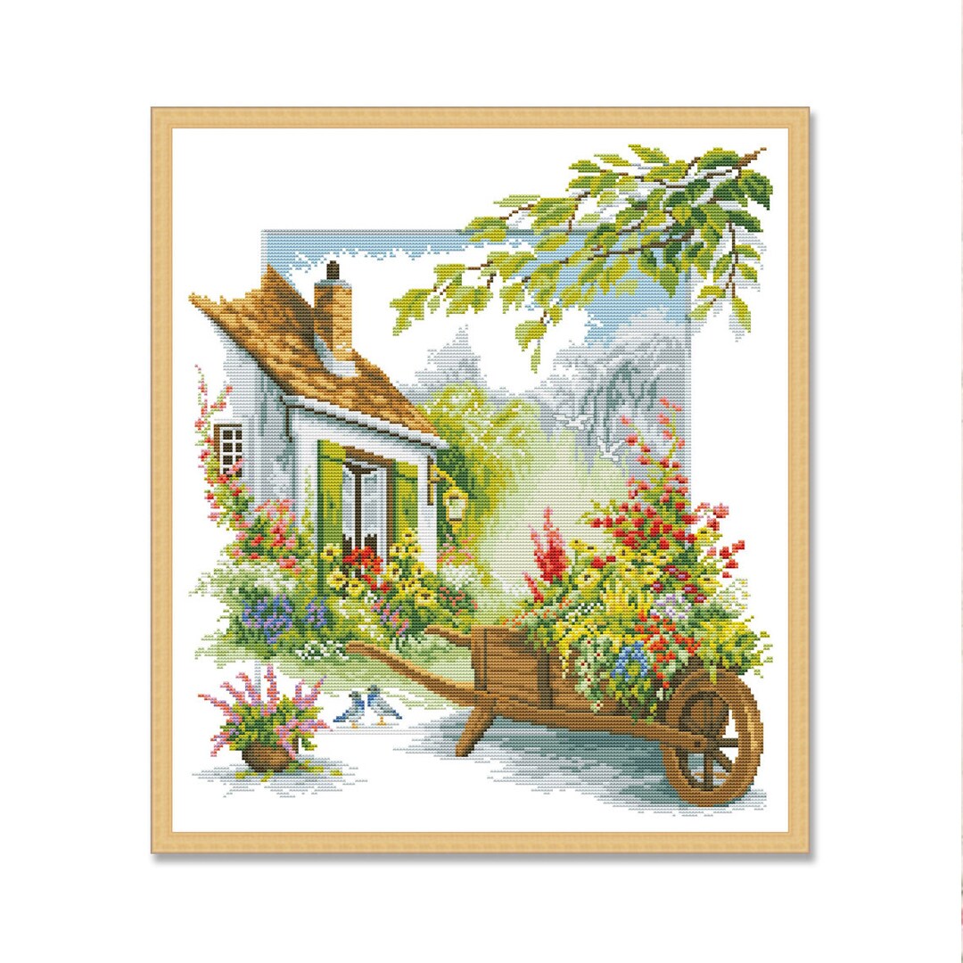 Blooming Wheelbarrow, Counted Cross Stitch Pattern, Summer Landscape ...