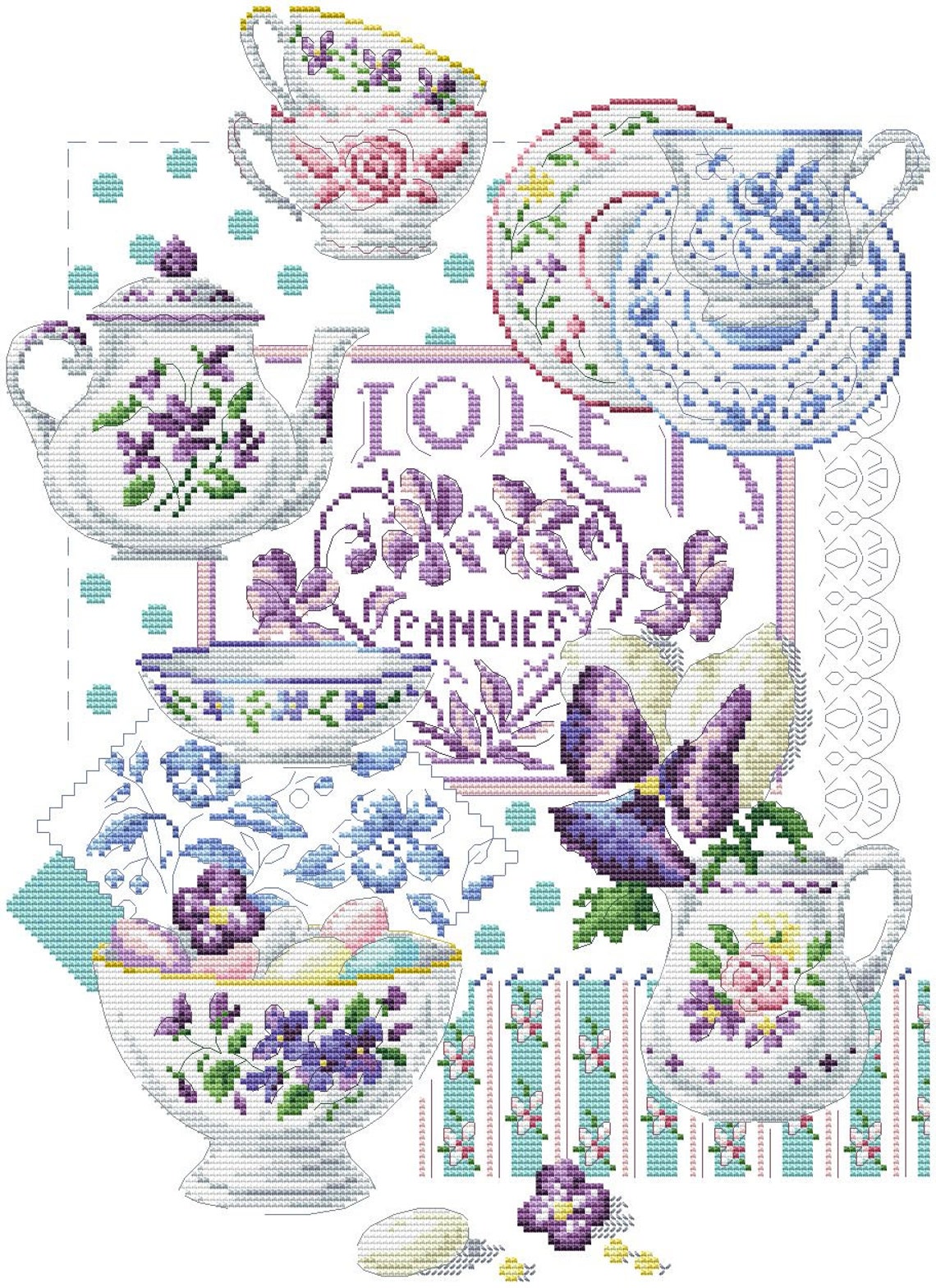 Crockery and Violets, Counted Cross Stitch Pattern, Kitchen Still Life ...
